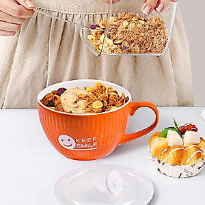 fMSDD 28oz Ceramic Meal Prep Bowl Soup Mug with Lid, Dishwasher & Microwave Safe, Lead-Free Food Container, Orange