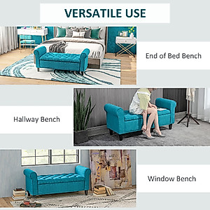HOMCOM 50" Storage Ottoman Bench, Upholstered End of Bed Bench with Rolled Arms, Wood Legs, Button Tufted Storage Bench with Safety Hinges for Living Room, Entryway, Bedroom, Teal