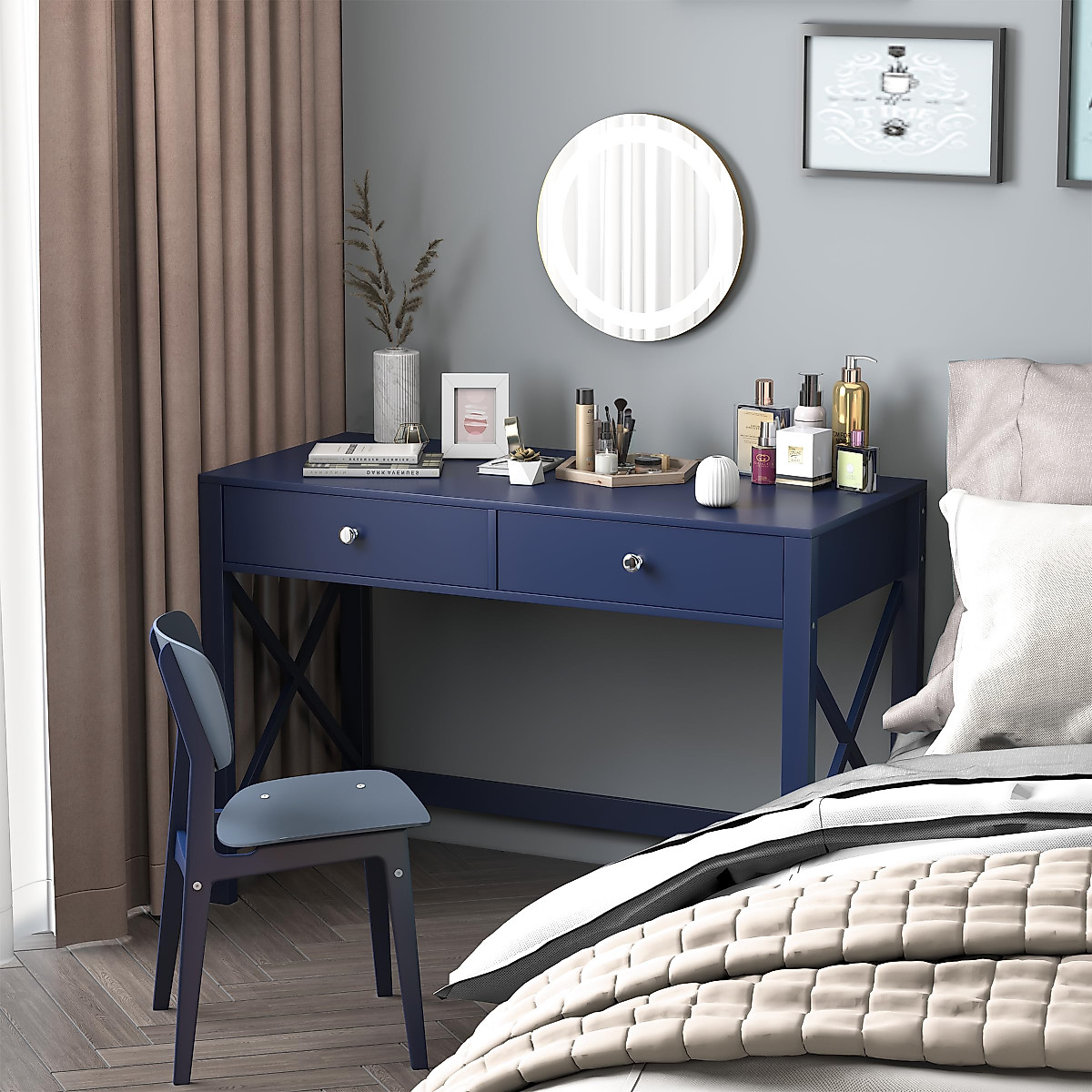 WiberWi Home Office Desk with Drawers, Modern Writing Computer Desk for Bedroom, Small Navy Makeup Vanity Table Desk for Girls, Study Table for Home Office
