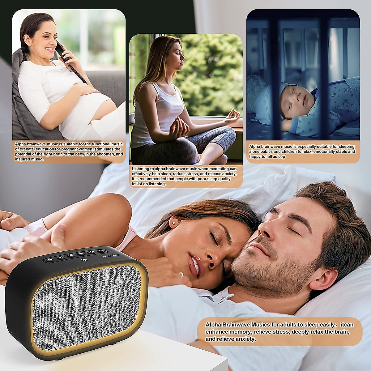 White Noise Sleeping Machine /Professional Alpha Brainwave Musics for Baby &Pregnant Woman&Adults, with Warm Color Night Light ,10 Professional Sounds & Auto-Off Timer. (White, Small), White,black