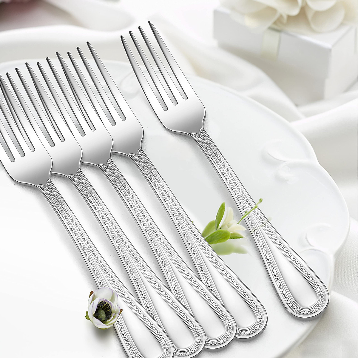 Forks Set of 12, E-far Stainless Steel Dinner Forks Silverware with Pearled Edge for Home/Kitchen/Restaurant, Mirror Polished & Dishwasher safe-7.9 Inches