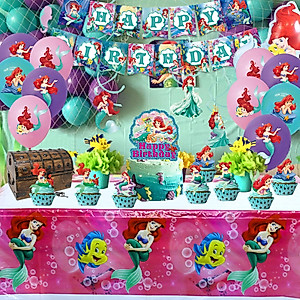 Ariel Birthday Party Supplies, Party Decorations Set Include Banner, Tablecloth, Balloons, Hanging Swirls, Cake Cupcake Toppers for Girls Little Mermaid Party Decorations
