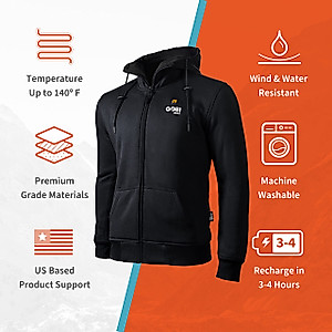 Ridge Men’s Heated Hoodie - 10 hrs of Heat | 3 Heat Zones | With Battery & Charger | Machine Washable | All Day Warmth (L)