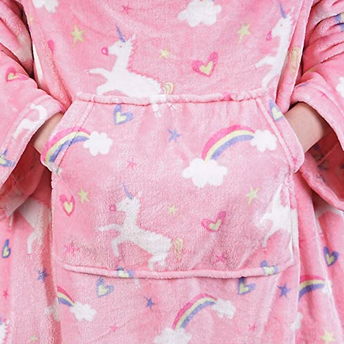 Wearable Fleece Blanket with Sleeves & Foot Pocket for Kids Boys Girls Children,Lightweight Soft Blanket with Sleeves and Hook & Loop 48" x 48" Pink Unicorn