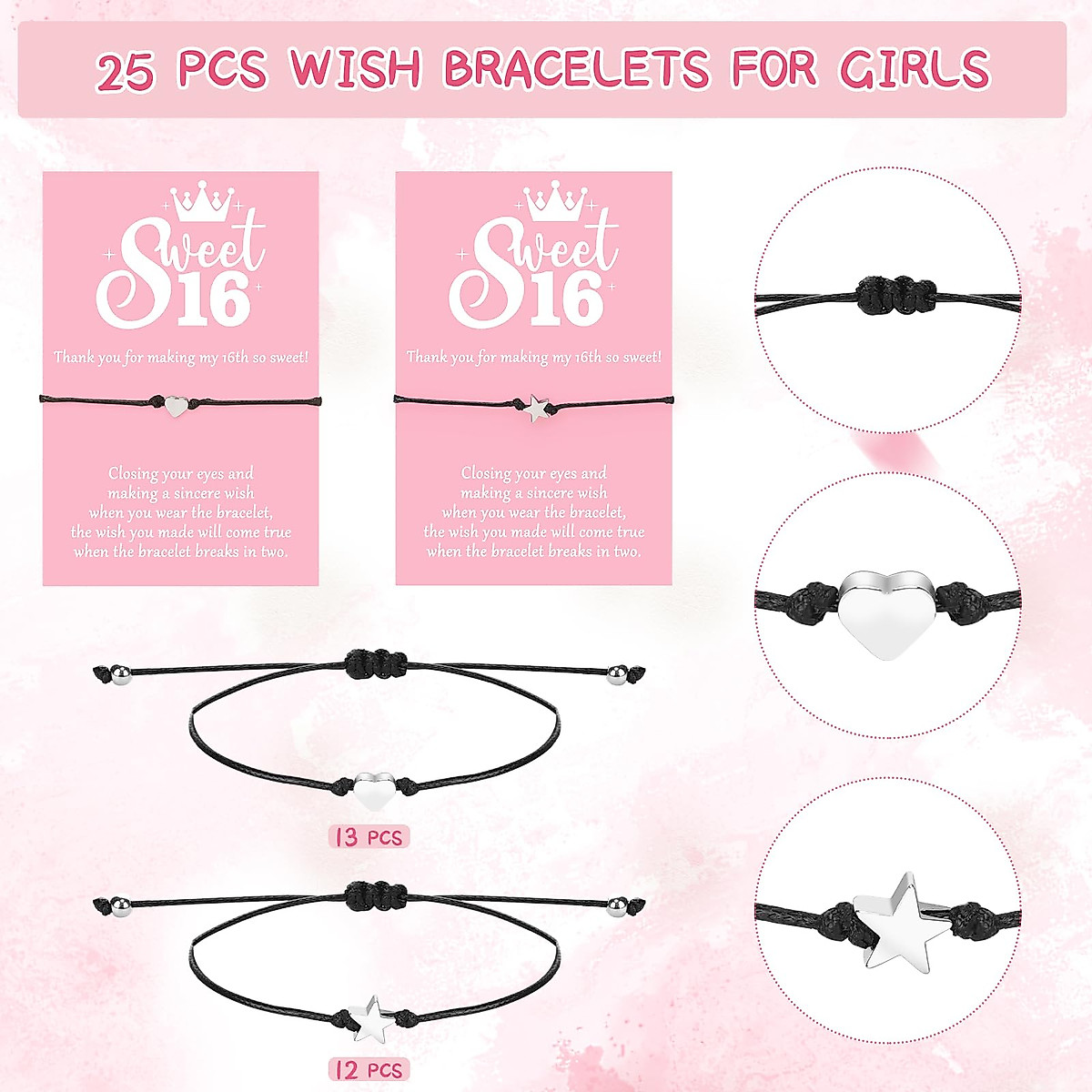 Misdary 25 Sets Sweet 16 Favors for Guests Include 13 Wish Bracelets with Heart Charm 12 Star Charm Adjustable Bracelets with Thank You Cards 16th Birthday Party Favors 16 Years Birthday Supply