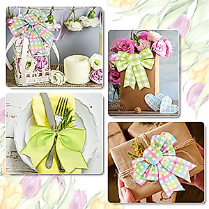 AnyDesign Spring Wired Edge Ribbon 30 Yards Pastel Pink Green Blue Craft Fabric Ribbon Decorative Plaids Dots Patterned Ribbon for Spring Easter Wreath Bow Making DIY Crafts Wrapping Supplies, 5 Roll