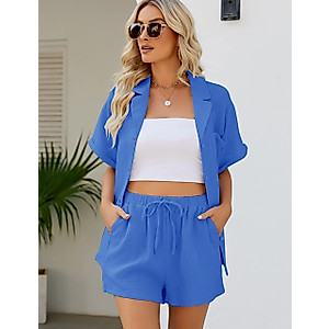 Flygo Women's Two Piece Shirts Sets Short Sleeve Summer Casual Linen Shirt Elastic Waist Short Sets Outfits(RoyalBlue-XL)