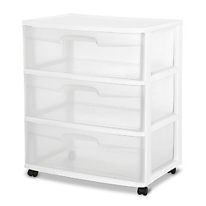 Sterilite 29308001 Home 3 Drawer Wide Storage Cart Portable Clear Container with Adjustable Casters for Home Organization and Storage, (2 Pack)
