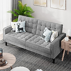 JAMFLY Velvet Futon Sofa Bed loveseat Couch, Modern Upholstered Sleeper Sofa, Fold Up/Down Adjustable Couch for Living Room, Bedroom, Apartment(Dark Gray)