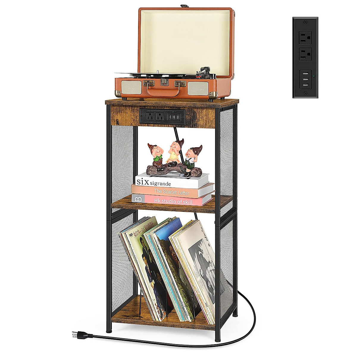 ETELI Record Player Stand with Album Storage Vinyl Record Storage Table with Power Outlet 3 Tier Turntable Stand Industrial Side Table for Living Room Bedroom Office, Brown