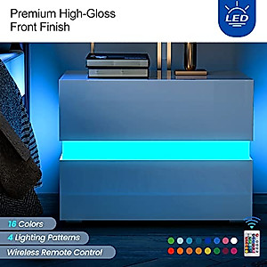 IKIFLY Modern LED End Table with 2 Drawers, High Glossy Nightstand with Storage Cabinet, Bedside for Bedroom Furniture