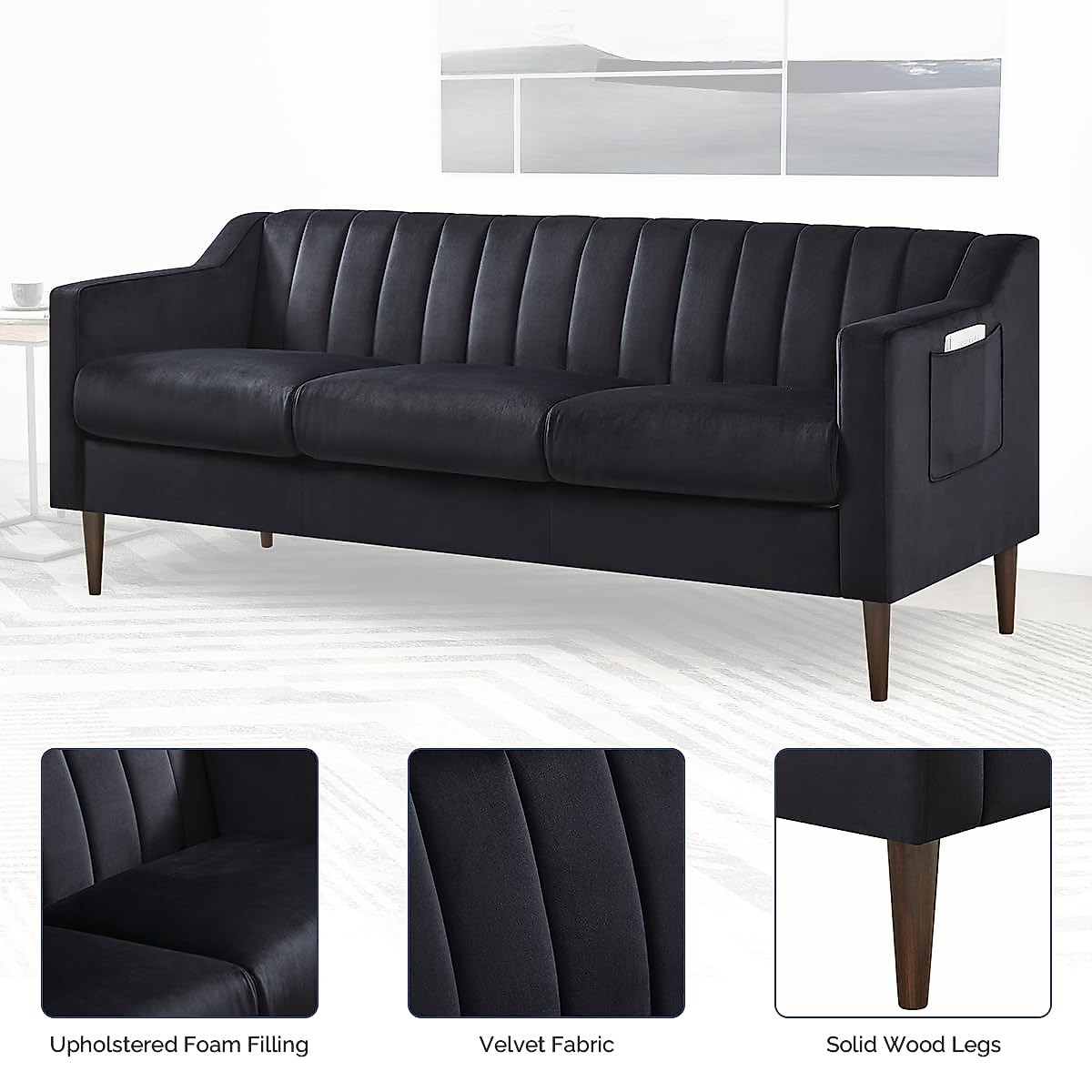 IULULU Velvet Sofa, 77 Inch 3-Seater Mid Century Modern Accent Couch, Upholstered Futon with Side Pocket, Wood Legs, Black