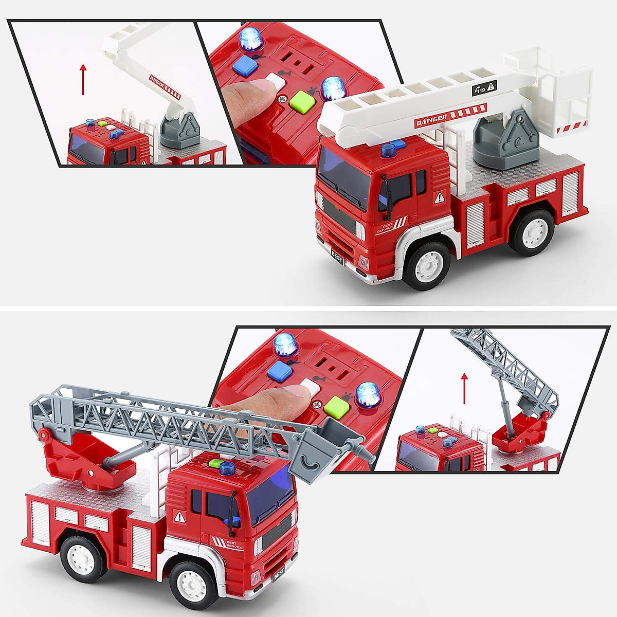 KeepRunning 4 Pack Friction Powered City Fire Rescue Vehicle Truck Car Set Including Helicopter, Boom Lift Truck,Ladder Fire Truck, and Fire Engine, with Light and Sounds/Sirens