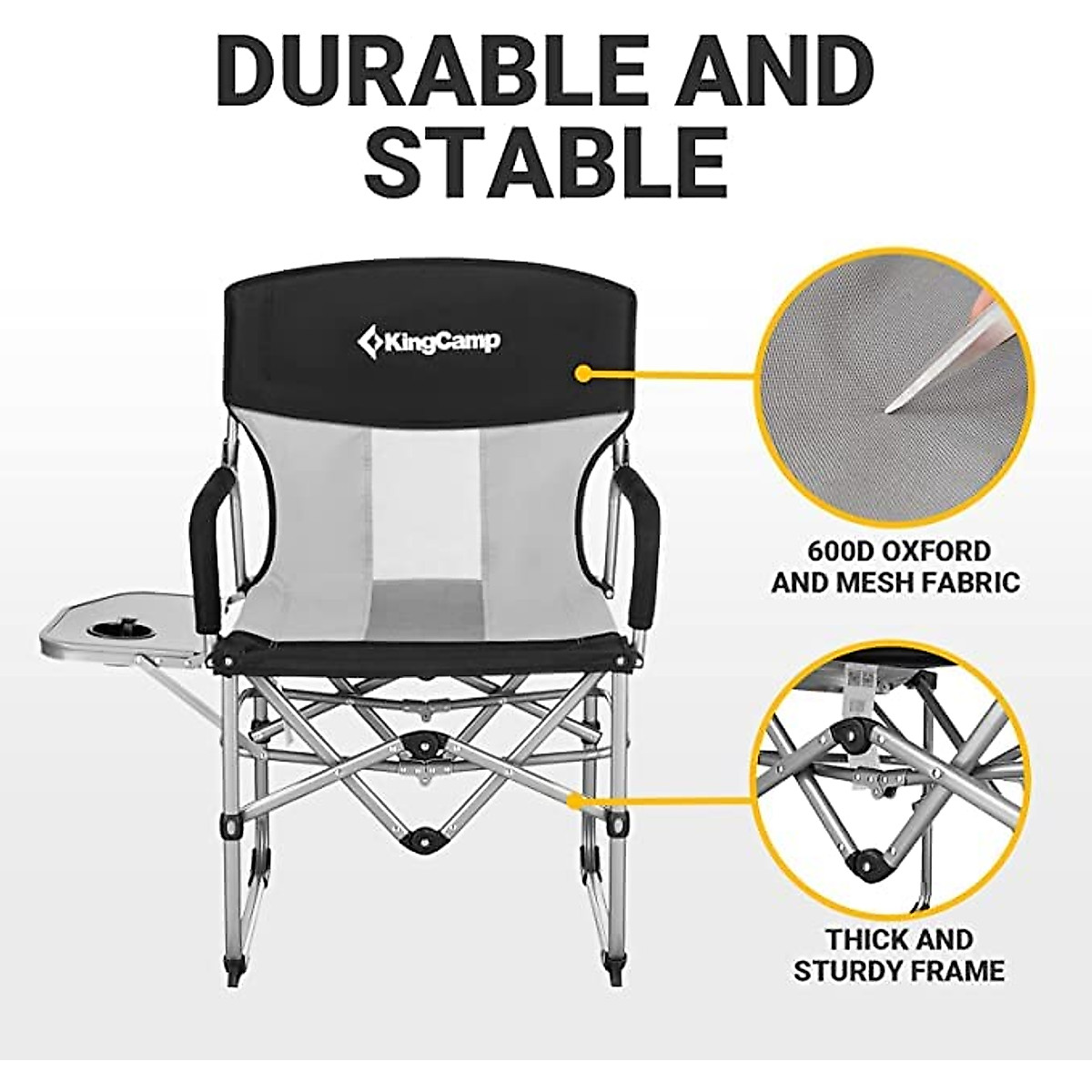 KingCamp Folding Camping, Heavy Duty Portable Directors Chairs for Adult with Side Table Mesh Back Compact Style for Outdoor, Outside,Lawn,Sports,Fishing,Beach,Picnic,Concert,Trip, Black-1 Pack