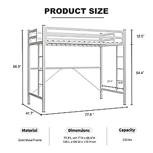 IKIFLY Junior Metal Twin Loft Bed Frame/Two Build-in Ladders & Safety Guard Rail - for Adults/Teens - Easy Assembly, Space-Saving Design - White