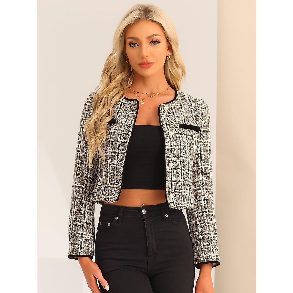 Allegra K Tweed Jacket for Women's Long Sleeve Casual Work Office Plaid Short Outwear Large Apricot