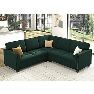HONBAY Velvet Convertible Sectional Sofa L Shaped Couch Reversible 4 Seat Corner Sectional Sofa for Small Space, Green