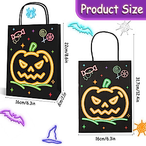 NODMIPNS 24 Pack Halloween Paper Gift Candy Bags with Handle,Halloween Neon Black Shining Trick or Treat Goody Bags,Kraft Paper Halloween Candy Bags for Goodie Snack Trick or Treating Party Supplies