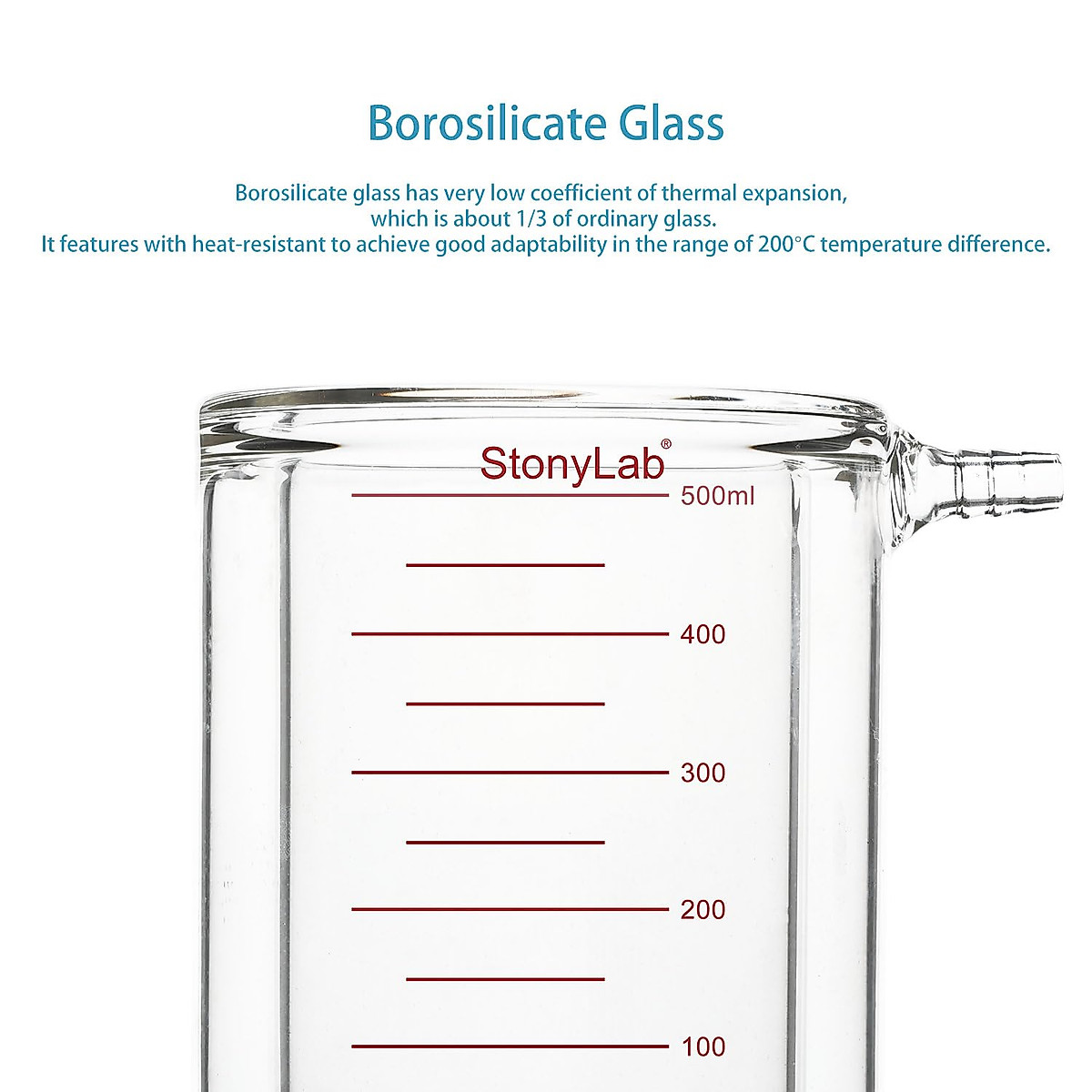 stonylab Glass Jacketed Beaker, 1 Pack Borosilicate Glass Graduated Beaker Flat-Bottom Double-Layer Lab Reaction Beaker, 500 ml