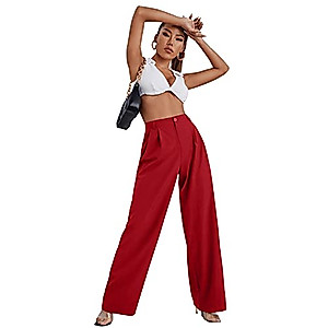 SweatyRocks Women's Casual Wide Leg High Waisted Botton Down Straight Long Trousers Pants Red L