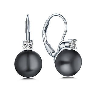925 Sterling Silver Cubic Zirconia Black Freshwater Cultured Pearl Drop & Dangle Leverback Earrings (10mm black pearl)