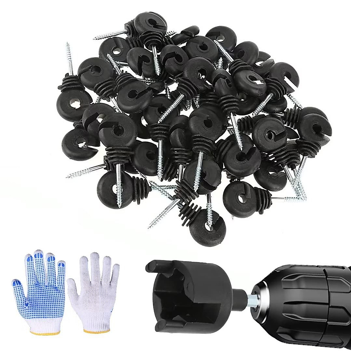 50 Pcs Black Electric Fence Insulator Screw-in Insulator Fence Ring Post Wood Post Insulator and 1 Pc Insulator Socket Tool(Grid System Accessories for Animal Husbandry Electronic)