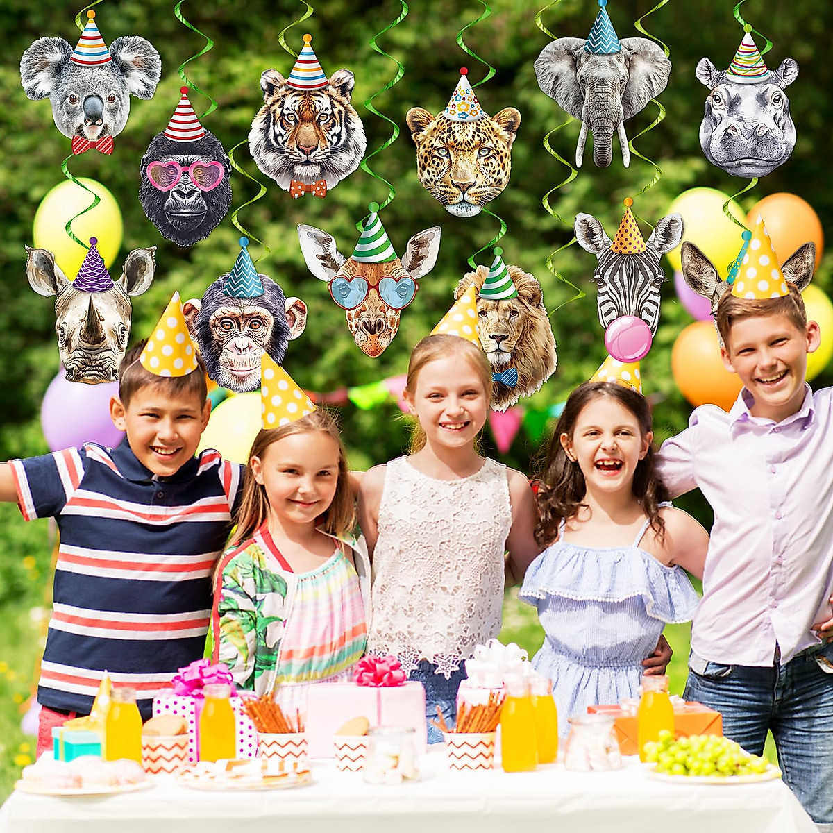 60PCS Jungle Animals Birthday Decorations Wild One Hanging Swirls Ceiling Streamers Decor Forest Theme Foil Swirls Ceiling for Boys Girls Baby Shower Safari Wild Animals Birthday Party Supplies