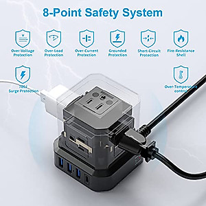 Power Strip with USB-C (3.0A), TOPREK Power Strip Surge Protection (700J), 10 FT Extension Cord with 5 AC & 4 USB, Portable Travel Power Strip for Office, Dorm, Hotel, Compact Desk Charging Station