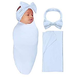 RATIVE 4-Way Direction Stretch Fabric Baby Swaddle Receiving Blankets with Headband for Unisex Newborn Baby Boy Girl (White(Blanket+Headband))