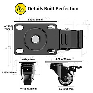 Amminle 1.5 Inch Swivel Casters, 1.5" Heavy Duty Plate Caster Wheel with 400 lbs Load, Dual Locking with 360 Degree Rotation, No Noise Locking Casters Set of 4 with Screws and a Screwdriver