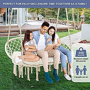 Homgava Hammock Chair Macrame Hanging Swing with Cushion,Hanging Cotton Ropes, Metal Frame, 450 lbs Capacity Indoor Outdoor, Patio, Balcony, Living,Deck, Yard, Garden(Double Swing) Beige