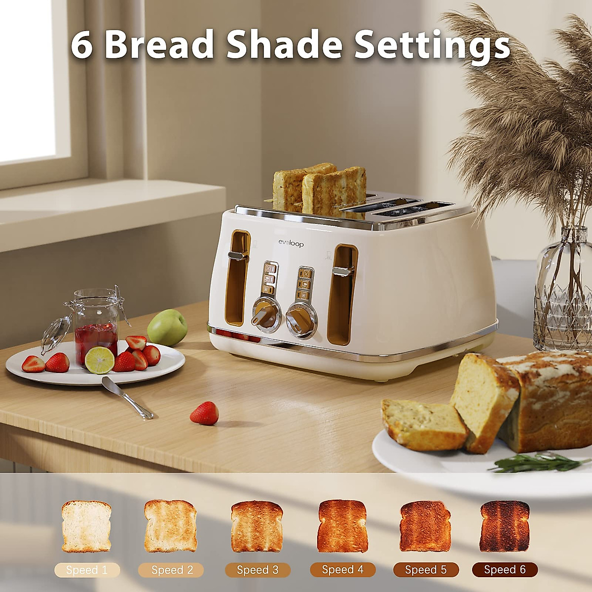 evoloop Toaster 4 Slice, Oversize Retro Stainless Steel Bread Toaster with Dual Independent Control Panels, 6 Browning Level, Bagel, Defrost & Cancel, -1.5" Extra Wide Slots, Removable Crumb Tray