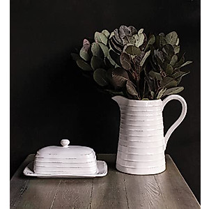 Creative Co-Op Farmhouse Embossed Stripe Ceramic Pitcher, Distressed White