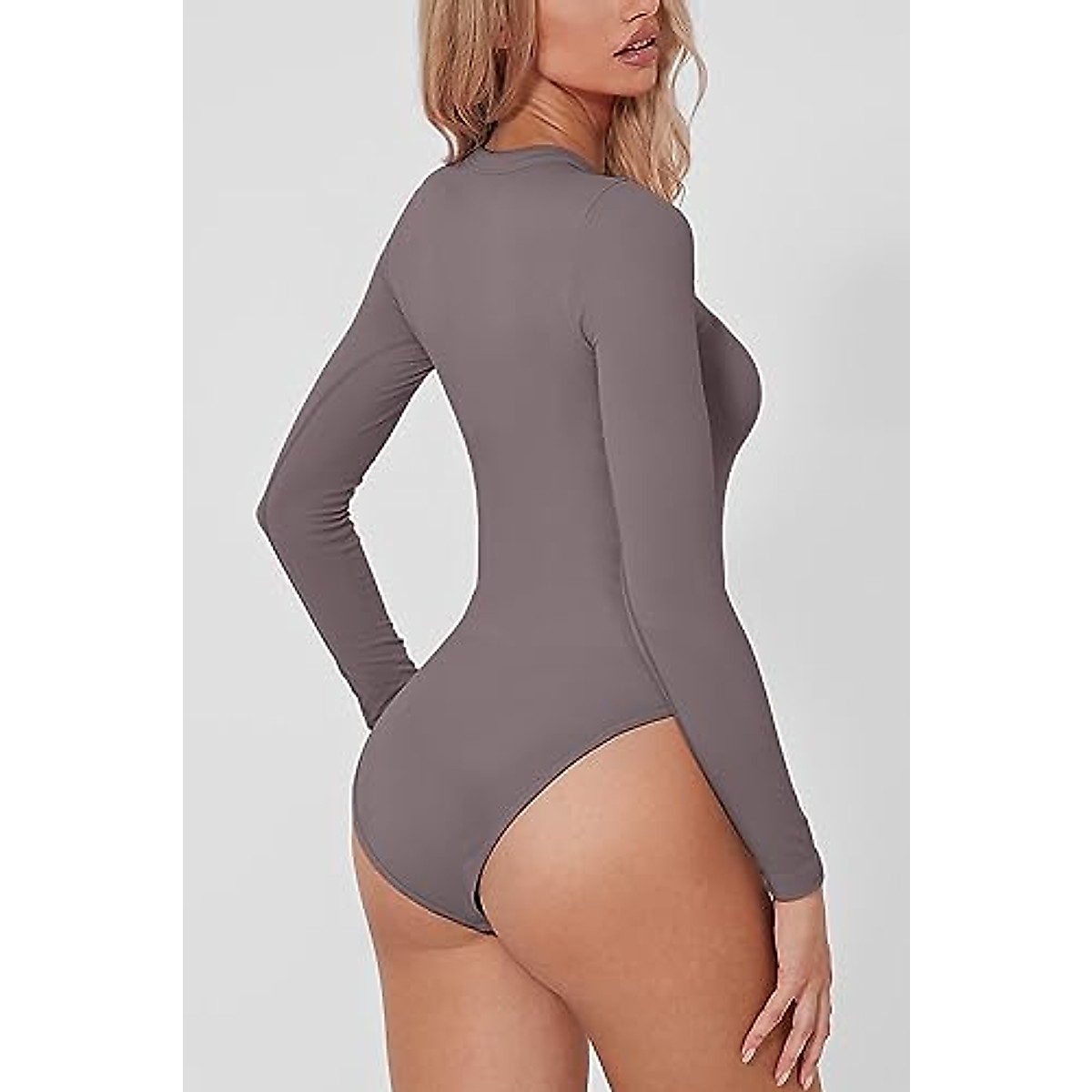 QINSEN Womens Sexy Casual Round Neck Double Lined Long Sleeve Slimming Going Out Top Bodysuits Ash Gray S