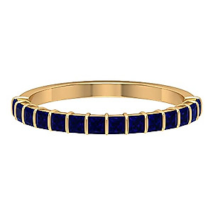 Rosec Jewels Certified Sapphire Half Eternity Band, AAA Quality, Natural Blue Sapphire Princess Cut Wedding Ring - Ready to Gift, 14K Yellow Gold, Size:US 10.00