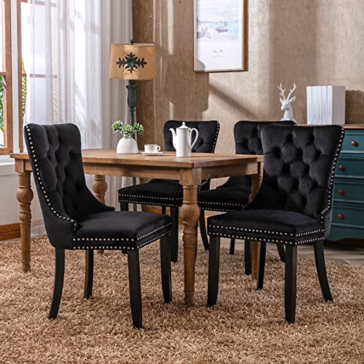 GEEVIVO Velvet Dining Chairs Set of 2, Upholstered Tufted Dining Room Chairs with Nailhead Button Back and Ring Pull Trim, Solid Wood Legs Side Dining Chairs for Dining Room/Kitchen/Restaurant, Black