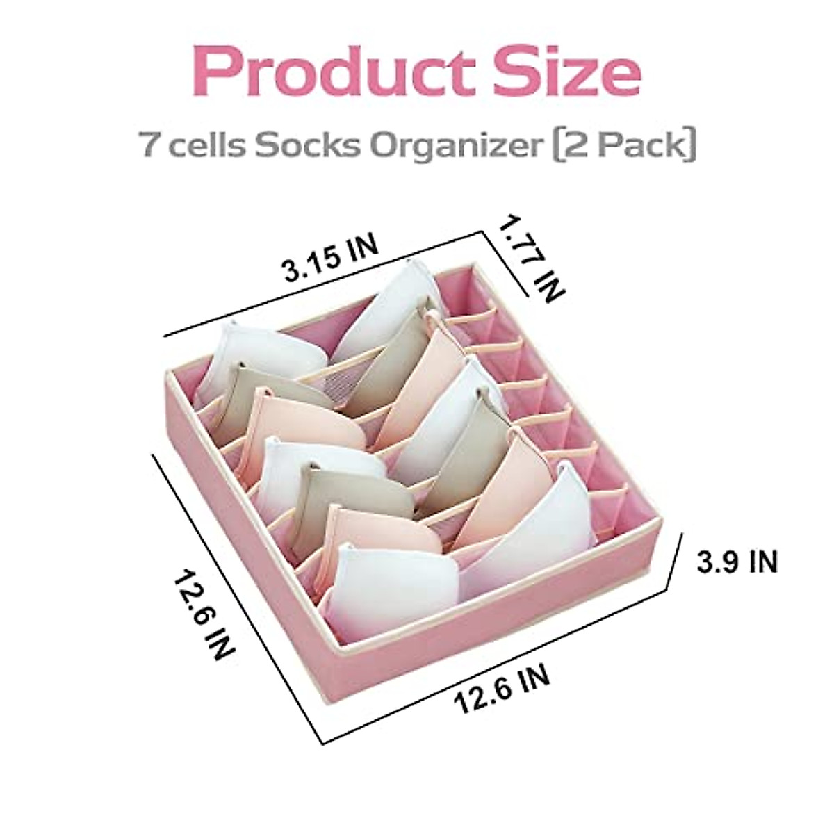 Duyoku 2 Pack Underwear Drawer Organizer - 7 Cells Bra Organizer for Drawer, Washable Underwear Storage, Foldable Underwear Organizer for Women, Lingerie Dresser (Pink - 12.6×12.6×3.9Inch)