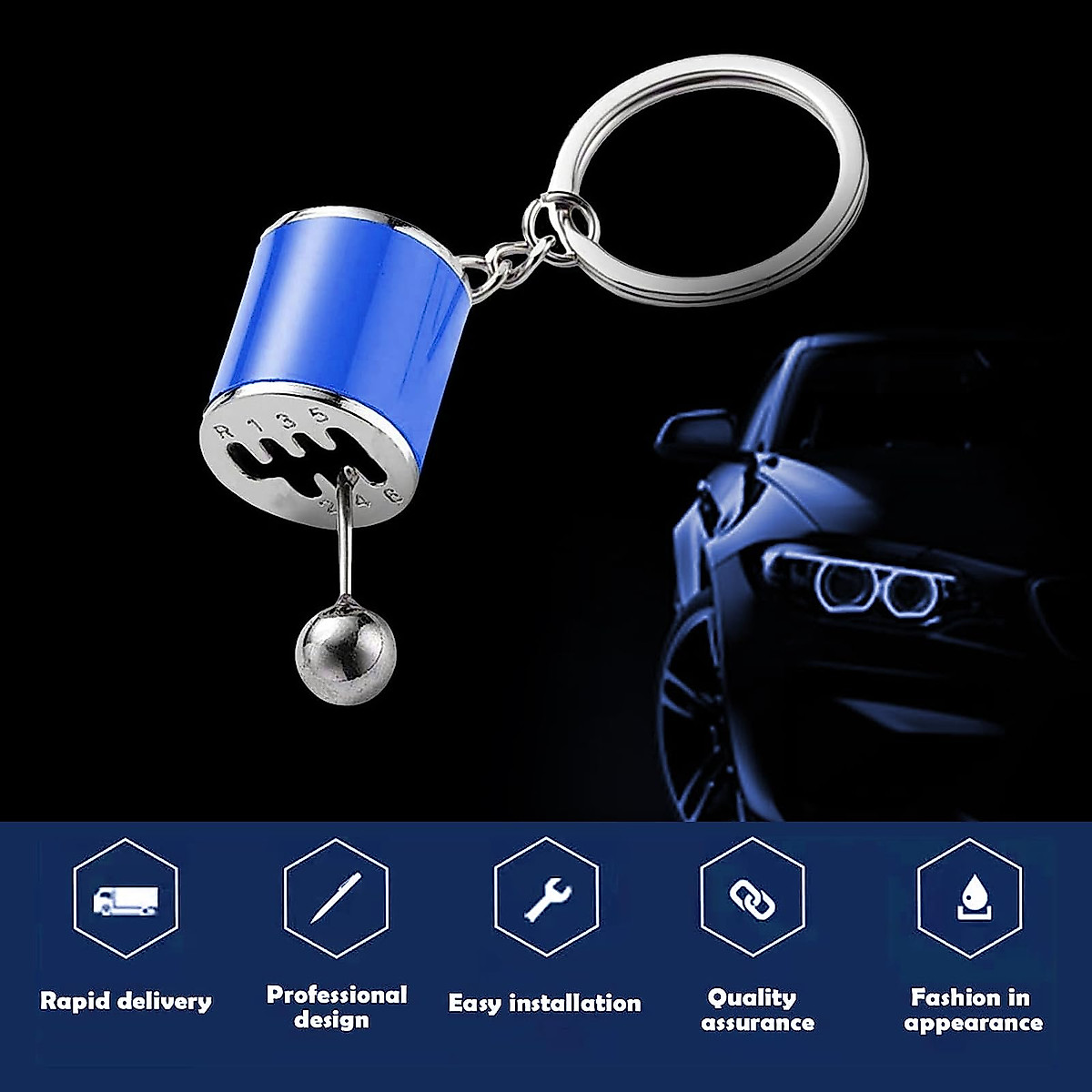 gunhunt 1 PC Car Shifter Keyring, 6 Speed Gear Key Clip, Universal Polished Metal Collectible Key Chain Creative Model (Blue)