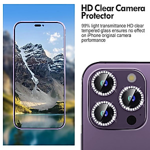 Xfilm for iPhone 14 Pro/iPhone 14 Pro Max Camera Lens Protector Bling, 9H Hardness Scratchproof Metal Individual Diamond Ring Protector, Stylish Accessories, Case Friendly (Deep Purple Diamond)