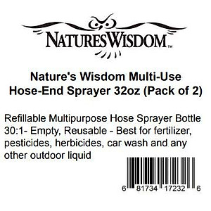 Multi-Use Lawn Hose-End Sprayer 32oz (Pack of 2) Empty Refillable Bottle (Natural, Clear), 30:1 Sprayer, Reusable - Best for Fertilizer, pesticides, herbicides, car wash and Any Other Outdoor Liquid