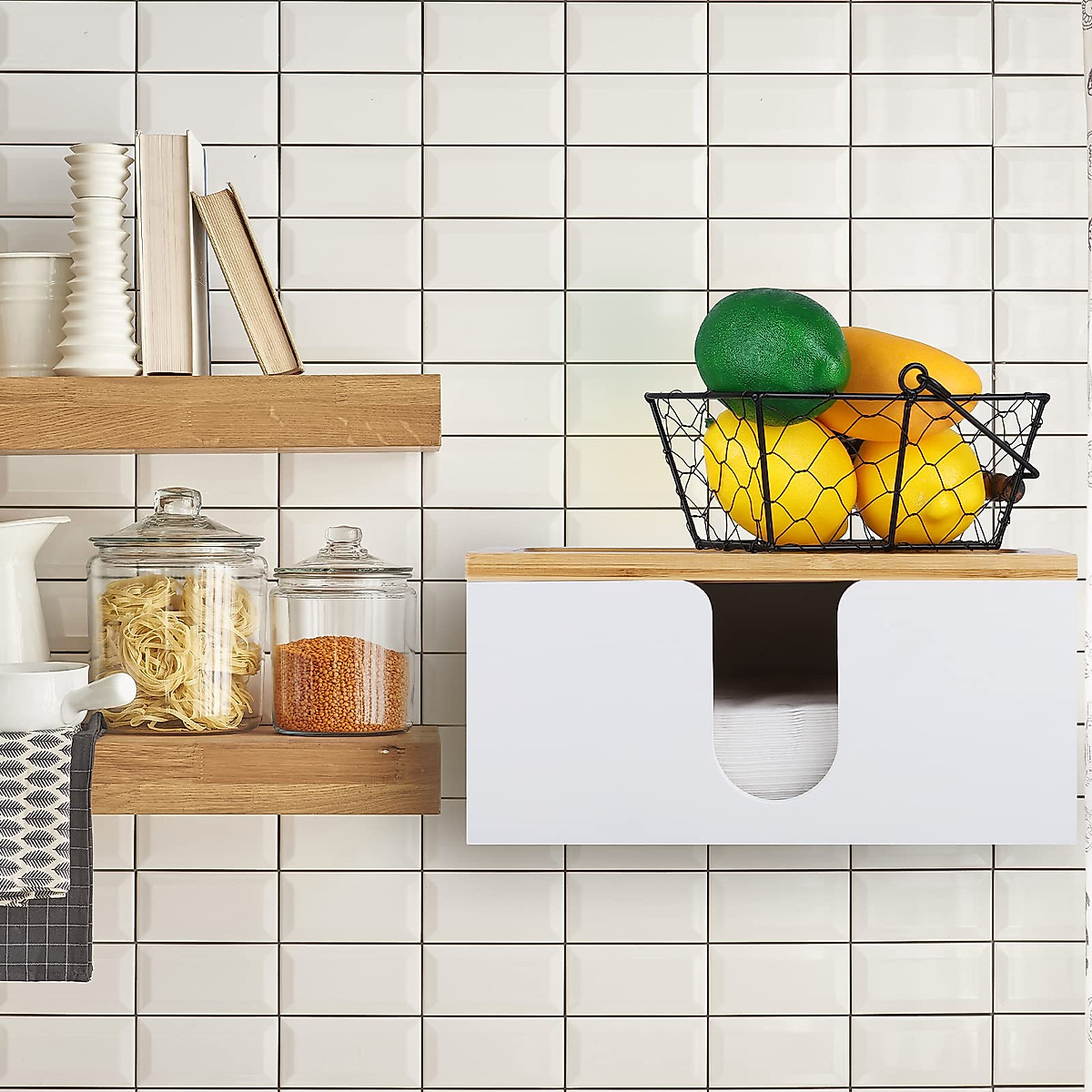 TURSTIN Wood Paper Towel Dispenser Folded Paper Towel Holder with Lid for Countertop and Wall Mounted, Wall Mount Paper Towel Holder Napkin Holder for Home. Bathroom, Kitchen, White