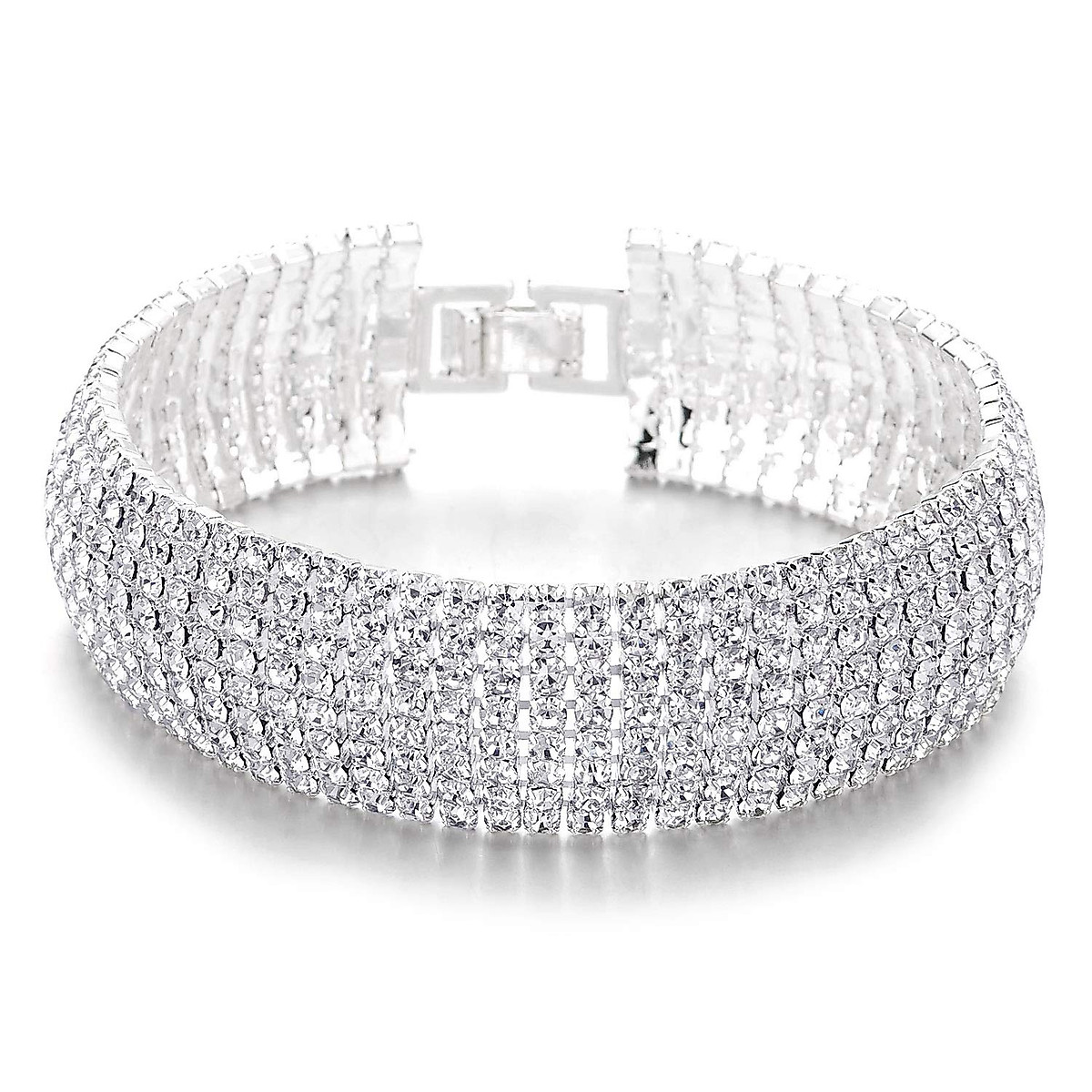 COOLSTEELANDBEYOND Sparkling Womens Crystal Rhinestones Cluster Wide Bangle Bracelet, Luxury