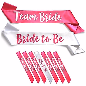 GDTO8820 Team Bride 7pc Satin Sash Set - Sophisticated & Fun Party Favors for Bachelorette Party, Bridal Shower & Wedding Party (7pc Set, White & Pink)