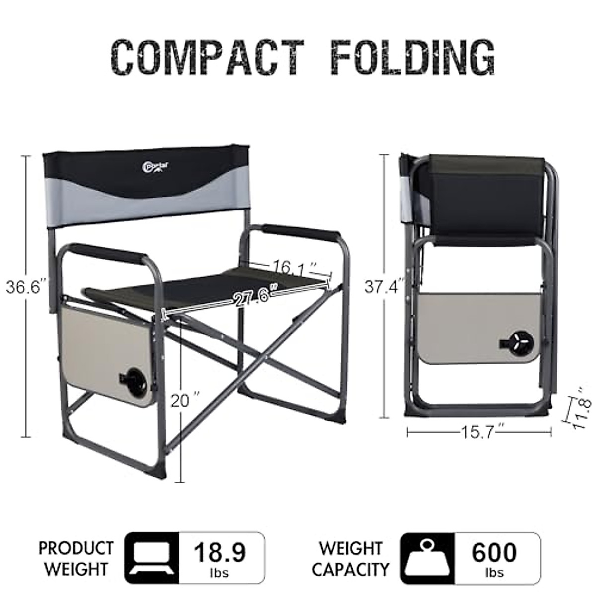 PORTAL 27.6 Inch Extra Wide Directors Foldable XXL Folding Chair with Side Table for Outdoors and Indoors, Heavy Duty Supports 600 LBS, Black/Grey