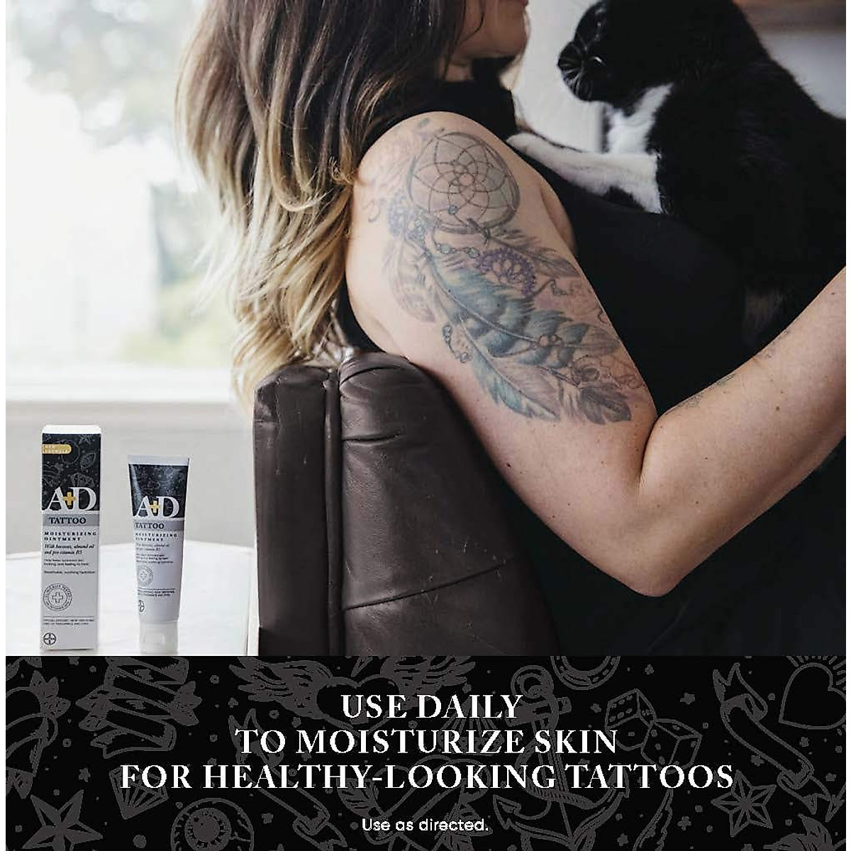 A+D Tattoo Skin Moisturizing Ointment, Skin Moisturizer with Beeswax, Almond Oil and Pro- Vitamin B5-3.5 Oz Tube