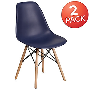Flash Furniture 2 Pack Elon Series Navy Plastic Chair with Wooden Legs for Versatile Kitchen, Dining Room, Living Room, Library or Desk Use