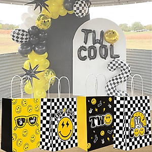 WCOSAM Two Cool Dude Smile-Themed Party Favor Gift Bags, Two Cool Second Birthday Party Goodie Paper Bags for Yellow Black Lightening Checkered Theme Party Decor (16 PCS)