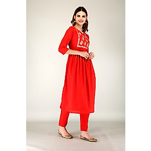 MAHICH WOMEN'S Rayon Anarkali Kurti, Plazzo with Dupatta Set (L) Red