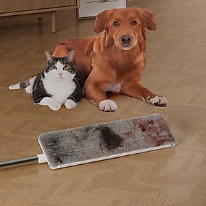 JEOPEM Flat Mop and Bucket with Wringer Set System, Mops for Hardwood Floor Cleaning with 4pcs Washable Microfiber Pads, Wet and Dry Use, Wood Floor Cleaner, Large Mop Head Length 38CM