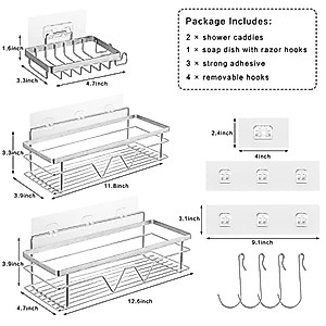 BUPWHEK Shower Caddy Bathroom Storage Organizer Rack (2Pack) with 1Soap Dish,No Drilling Adhesive Shower Shelf,Sliver Bathroom Basket Shelves with Hooks,Rustproof Stainless Steel (3Pack Sliver)